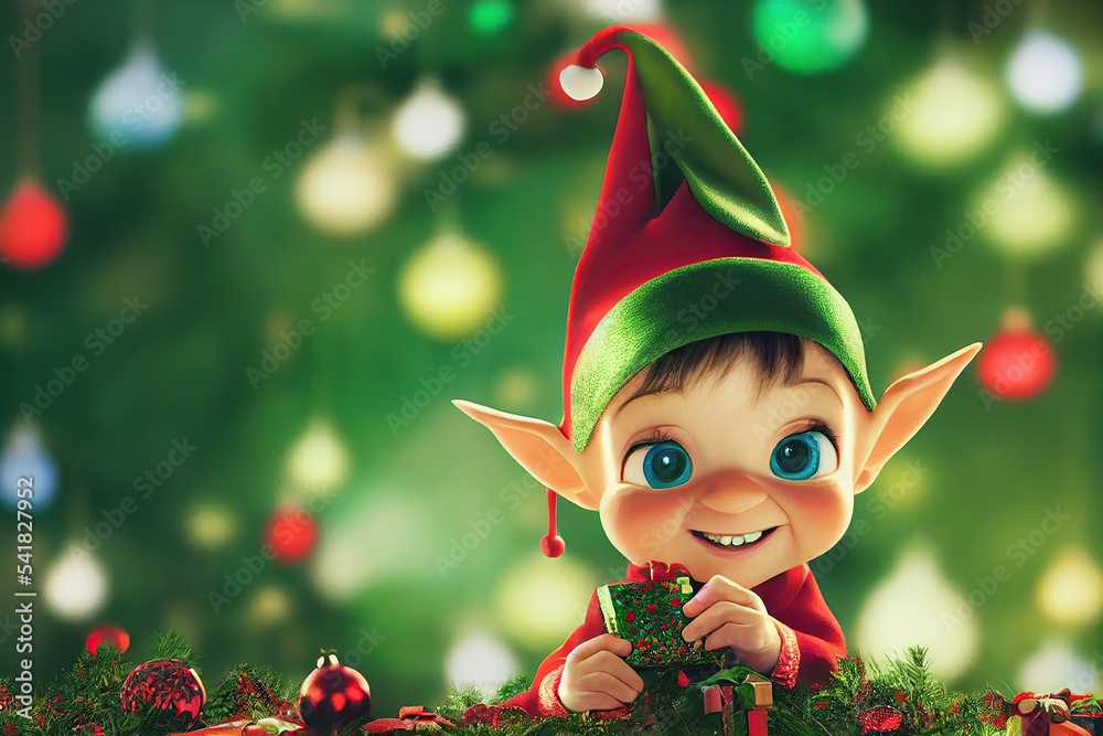 An adorable little elf with Christmas gifts and Christmas background ...