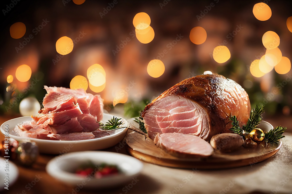 Traditional Christmas smoked roast pork ham sliced on wooden cutting ...