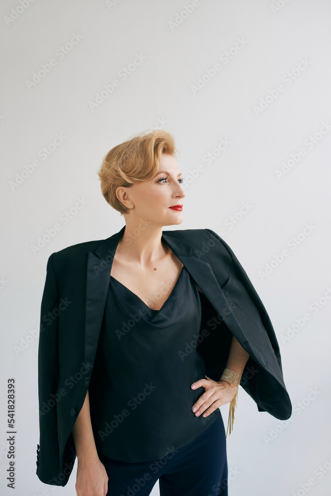 Fashionable Stylish Beautiful Mature Woman In Tuxedo Style Fashion