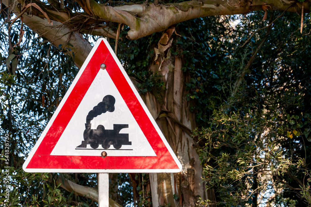 A Train warning road sign Stock Photo | Adobe Stock