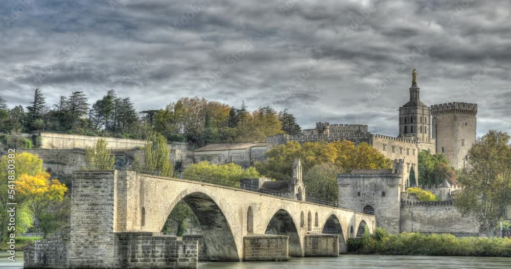 HDR Timelapse of people visiting Pont d'Avignon 12th century bridge and ...