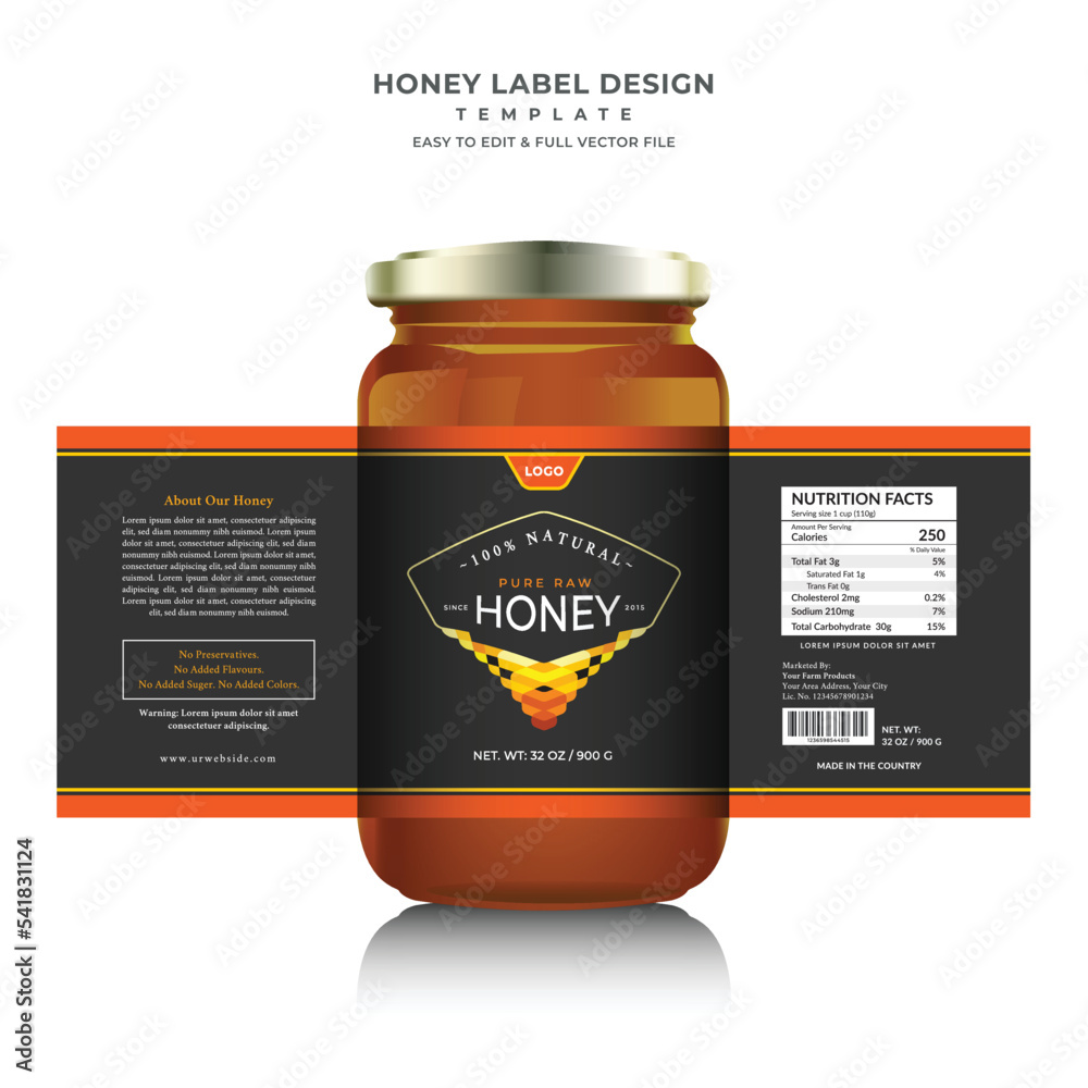 Nature pure honey jar product black label packaging design, dark color ...