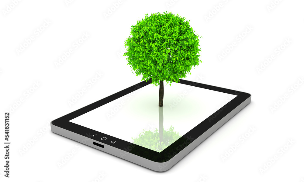One tablet on the white backgrounds with grass field and tree on it ...