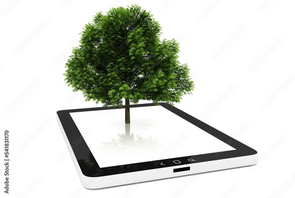 One tablet on the white backgrounds with grass field and tree on it ...