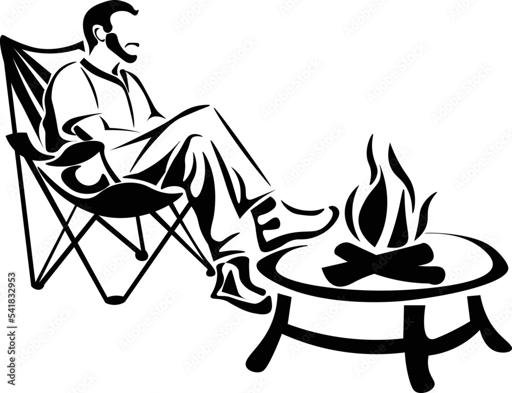 Black and White Cartoon Illustration Vector of a Man in a Camping Chair ...