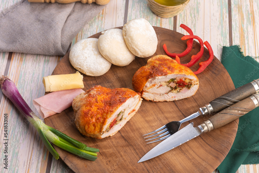 chicken roll stuffed with vegetables and ham and cheese with homemade ...