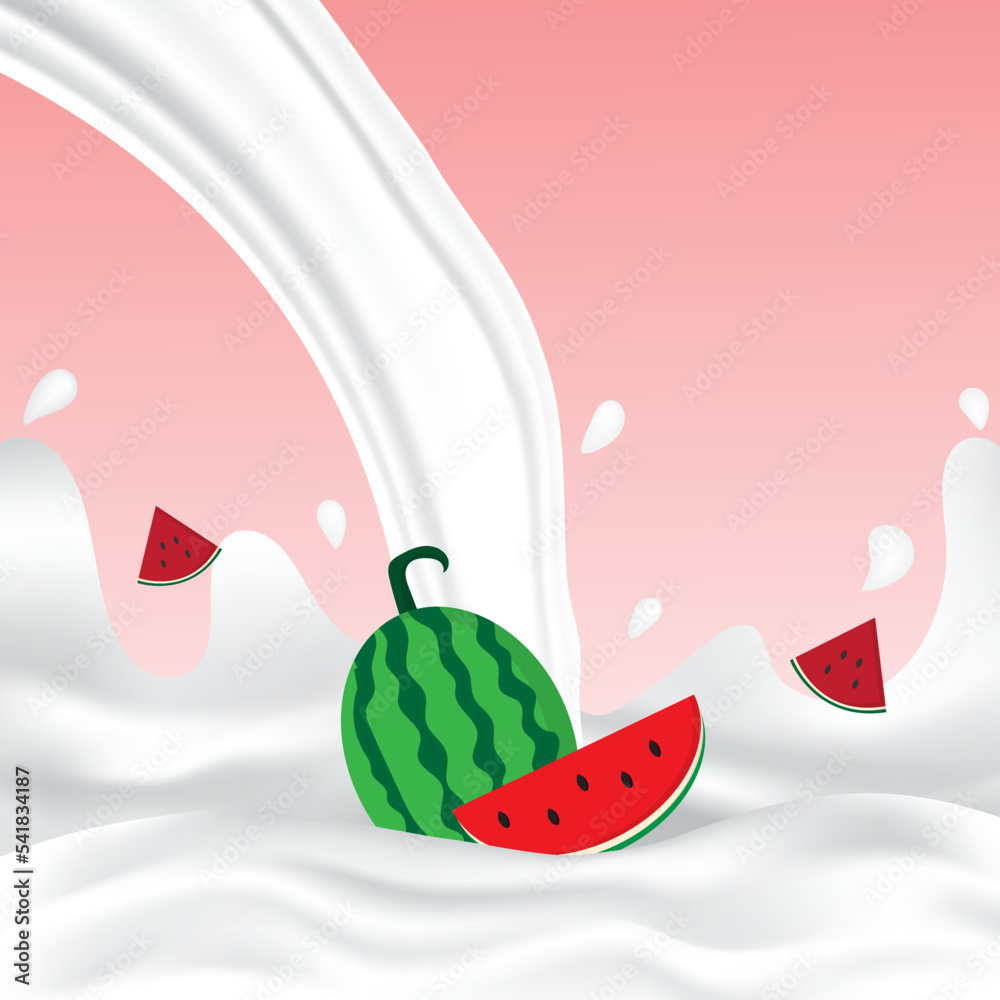 Watermelon milk splash with white splashing liquid. Pouring watermelon ...