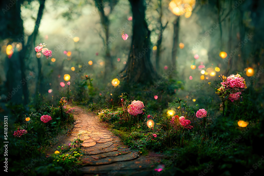 Beautiful enchanted forest landscape in spring with pathway in digital ...