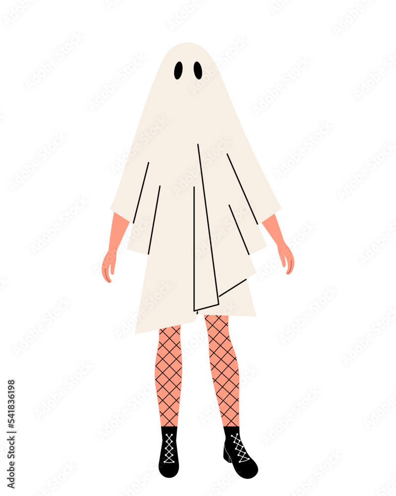 Man in the costume of a ghost for Halloween party. Girl in a white ...