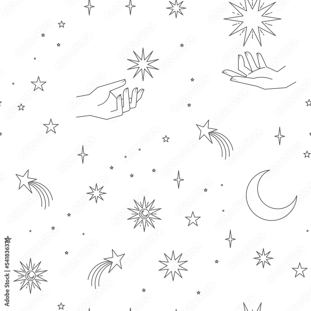 Seamless pattern with constellations. Sun, moon, magic hands and stars ...