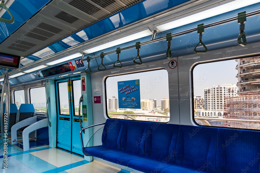 Dubai, UAE - October 2022: Dubai Metro train carriage. Dubai Metro is a ...