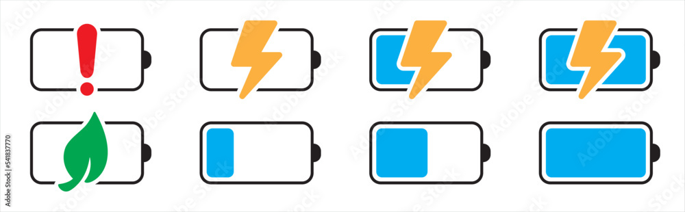 Battery icons. Battery charging charge indicator, energy, capacity ...