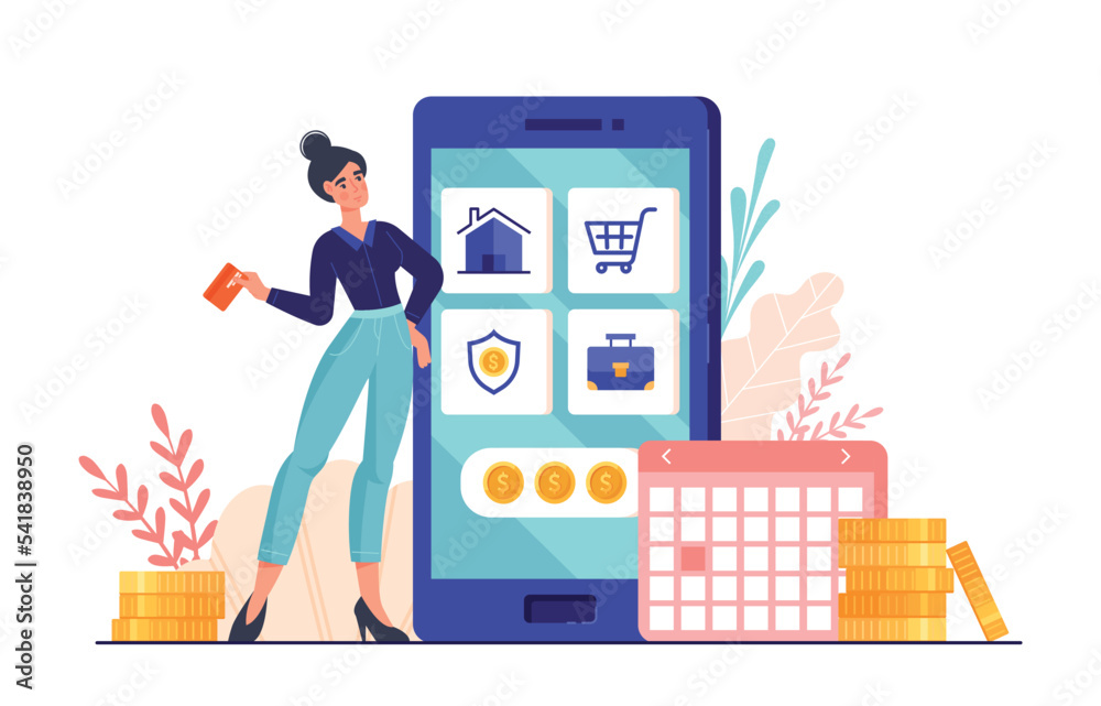 Monthly payments concept. Woman stands near calendar and large ...