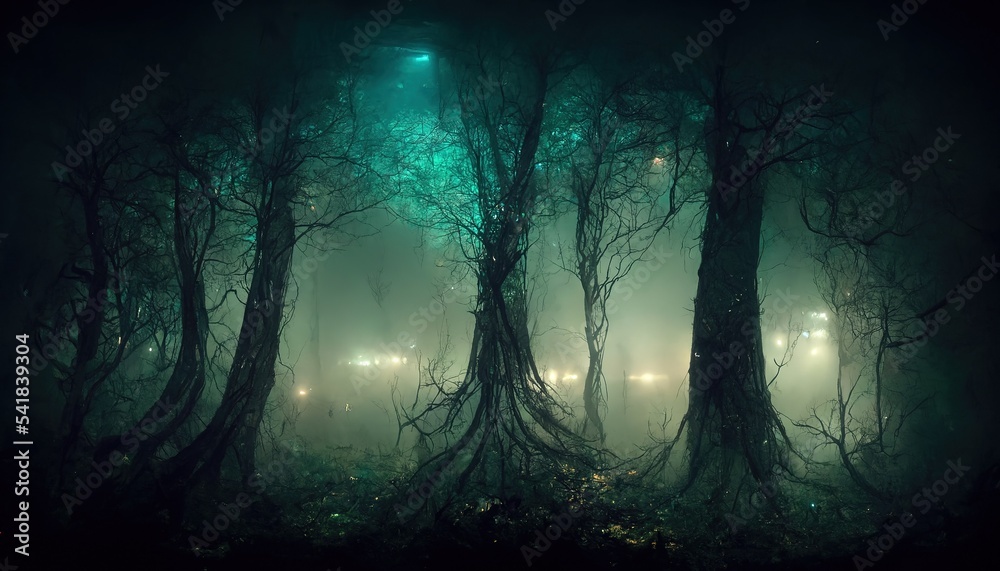 Dark scary forest cursed by witch spell spectacular 3D illustration for ...