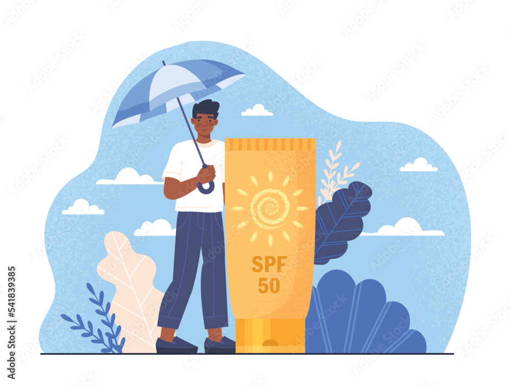 Summer heat concept. Man stands under umbrella next to large sunscreen ...