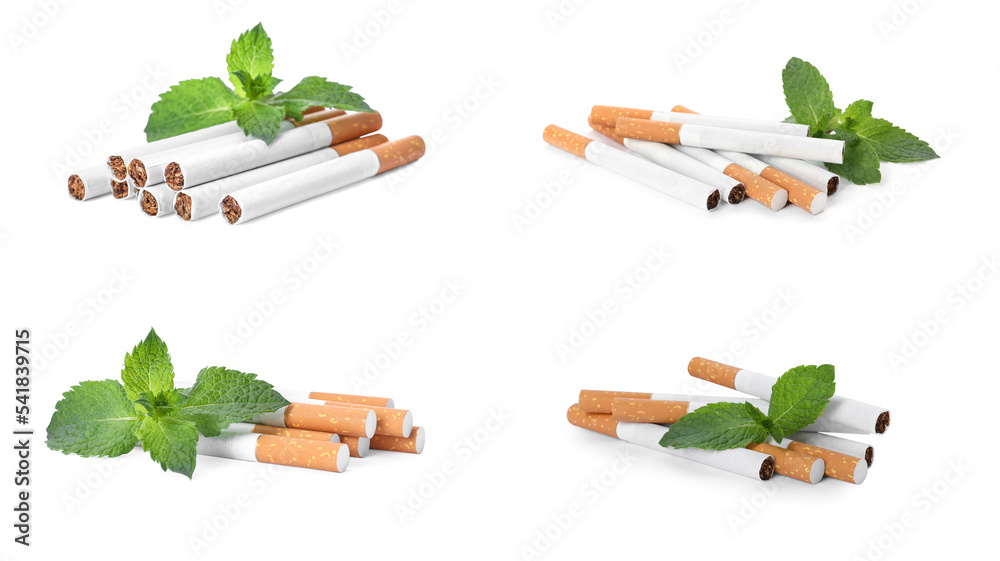 Set with menthol cigarettes and fresh mint leaves on white background ...