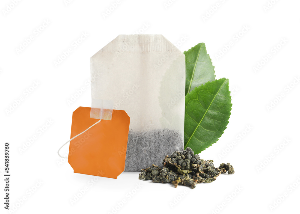 Tea bag with leaves on white background Stock Photo | Adobe Stock