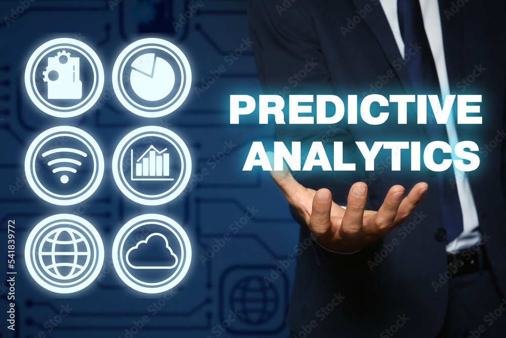 Concept of predictive analytics. Businessman and different virtual ...
