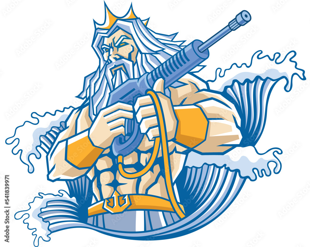 Poseidon holding a high pressure water gun Stock Vector | Adobe Stock