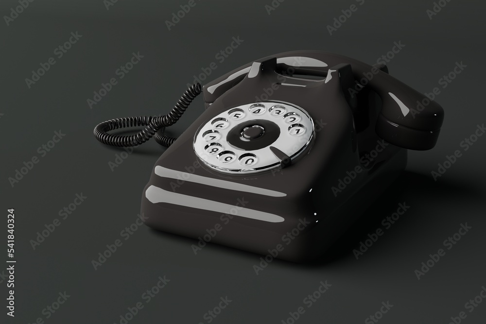 Side view of a black retro telephone with a dial of numbers. Concept of ...