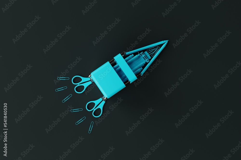 Blue school supplies forming a racket against a dark background. Back ...