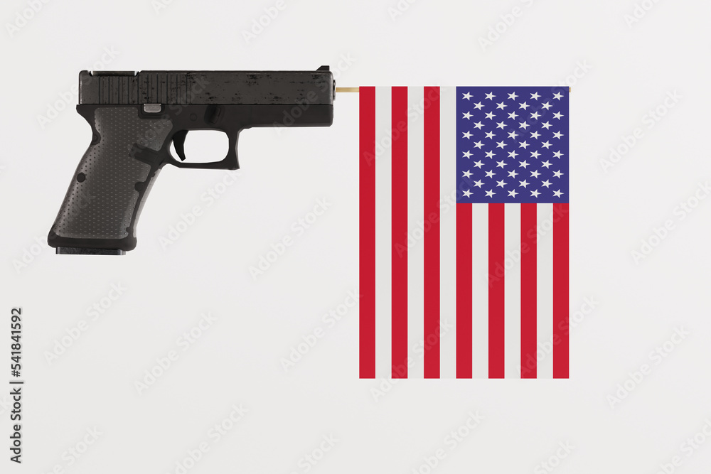 Pistol with the USA flag fired. US gun concept, guns vote, US shootings ...