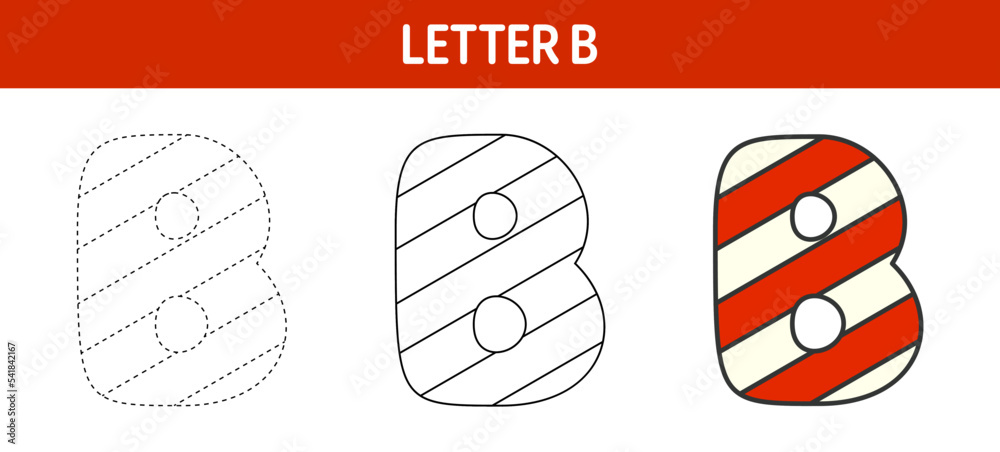 Letter B Candy Cane, tracing and coloring worksheet for kids Stock ...