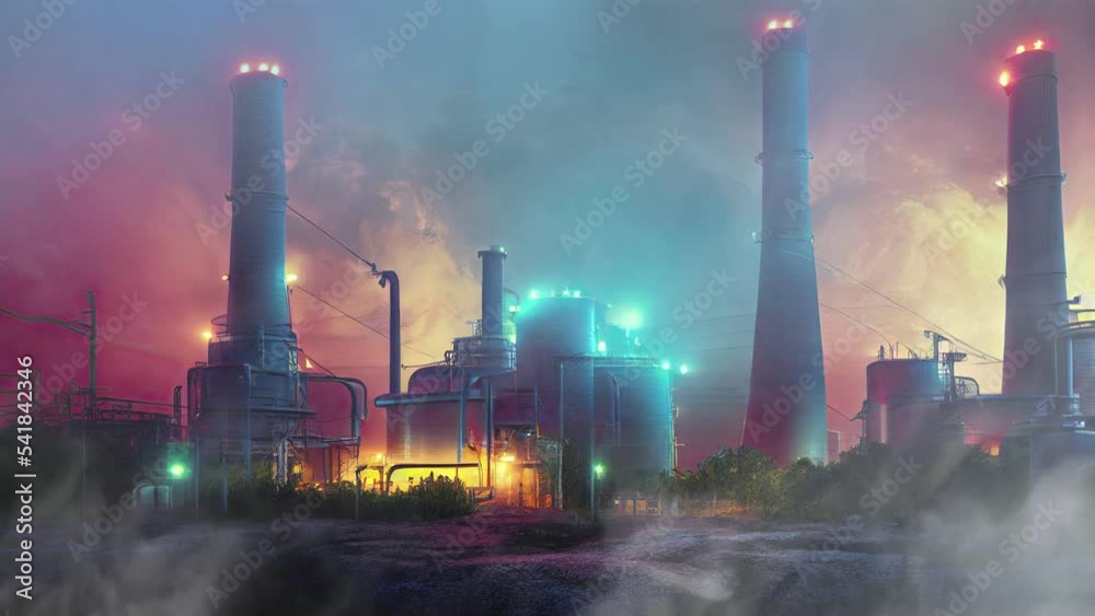 Nuclear power plant with smokestacks emit rising smoke, symbolizing ...