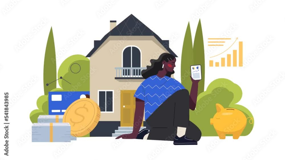 Real estate purchase video concept. Moving girl holds smartphone and ...