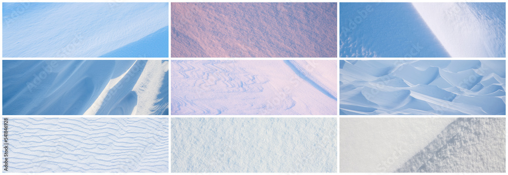 Set of snow textures. Collection of beautiful panoramic winter ...
