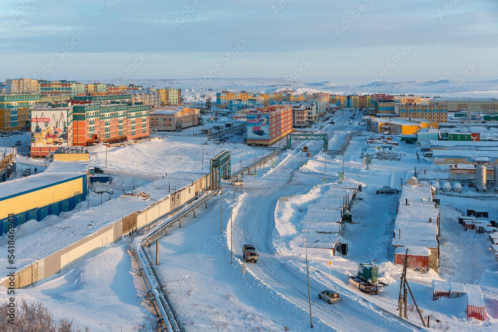 Anadyr, Chukotka, Russia - January 22, 2020. Winter aerial view of a ...