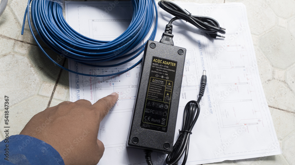 Adapter Power supplay and wiring for electrical project. Stock Photo ...
