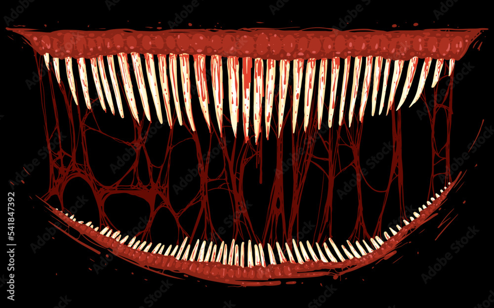Sharp long teeth with bloody smudges and jets on a black background ...