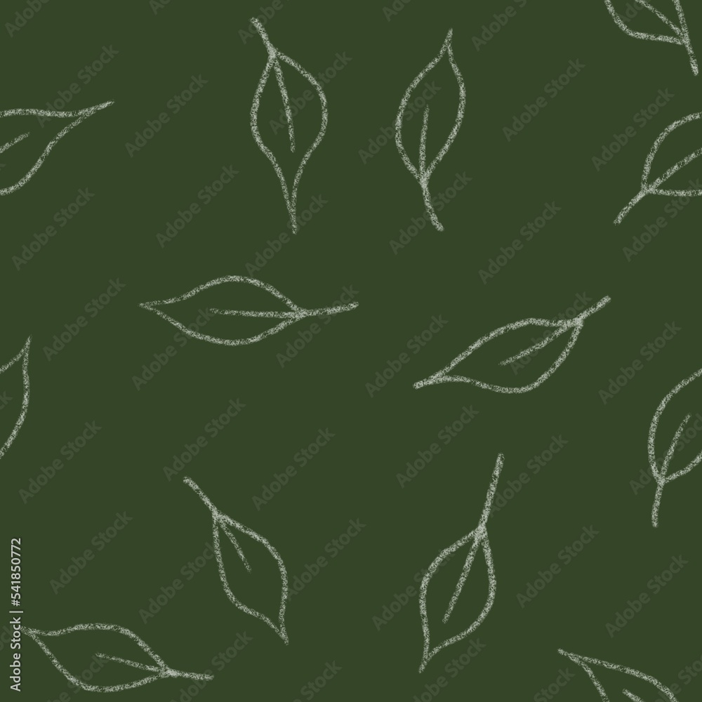 Hand drawn seamless pattern sage green background with leaf leaves ...
