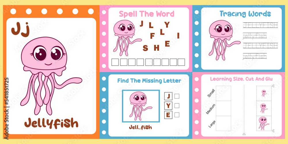 worksheets pack for kids with jellyfish vector. children's study book ...