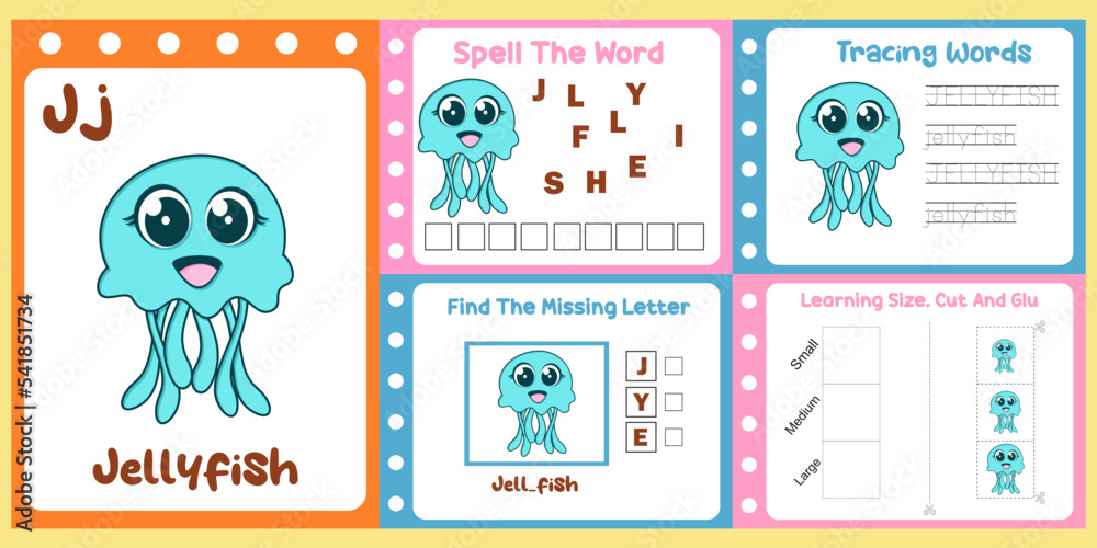 worksheets pack for kids with jellyfish vector. children's study book ...