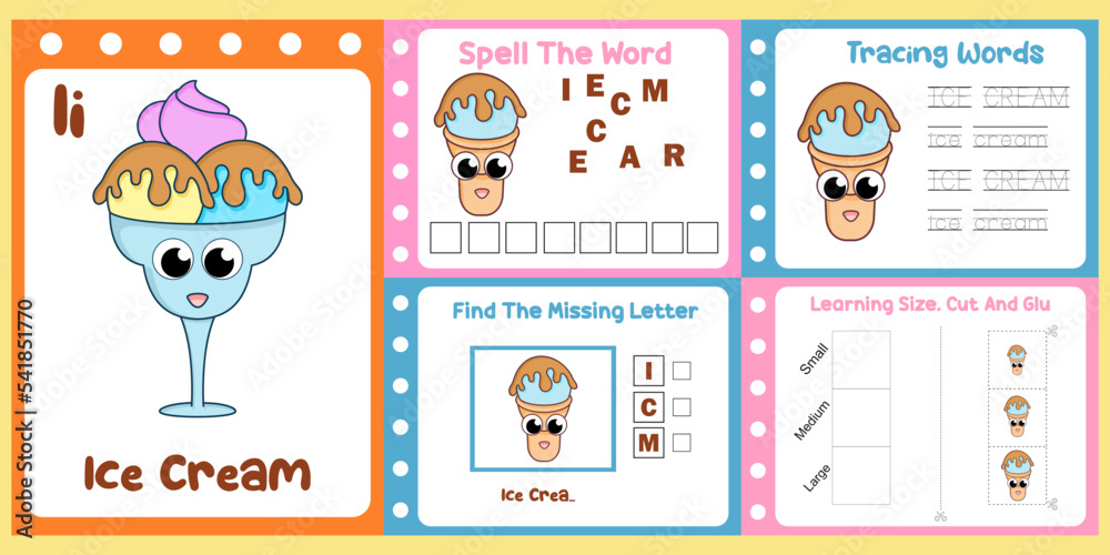 worksheets pack for kids with ice cream vector. children's study book ...
