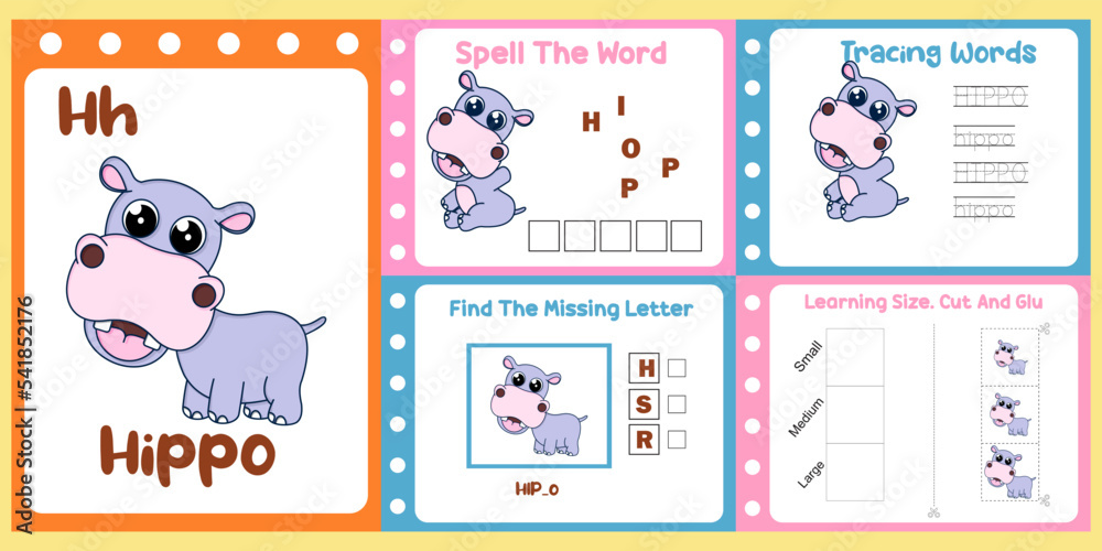 worksheets pack for kids with hippo vector. children's study book Stock ...