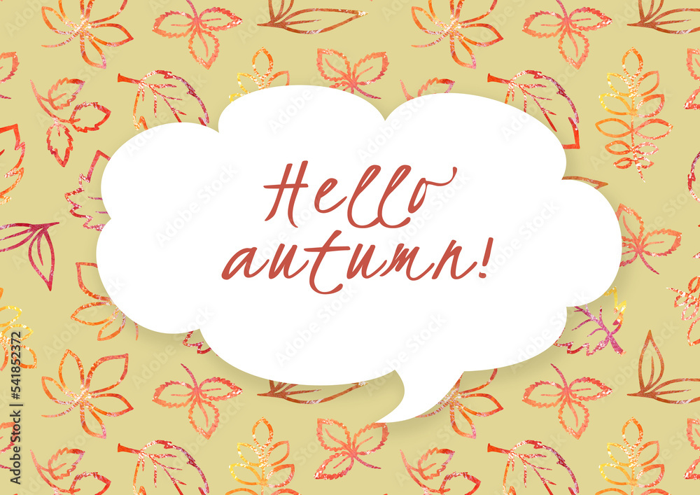 Hello Autumn banner on a yellow background with leaves. Autumn text ...