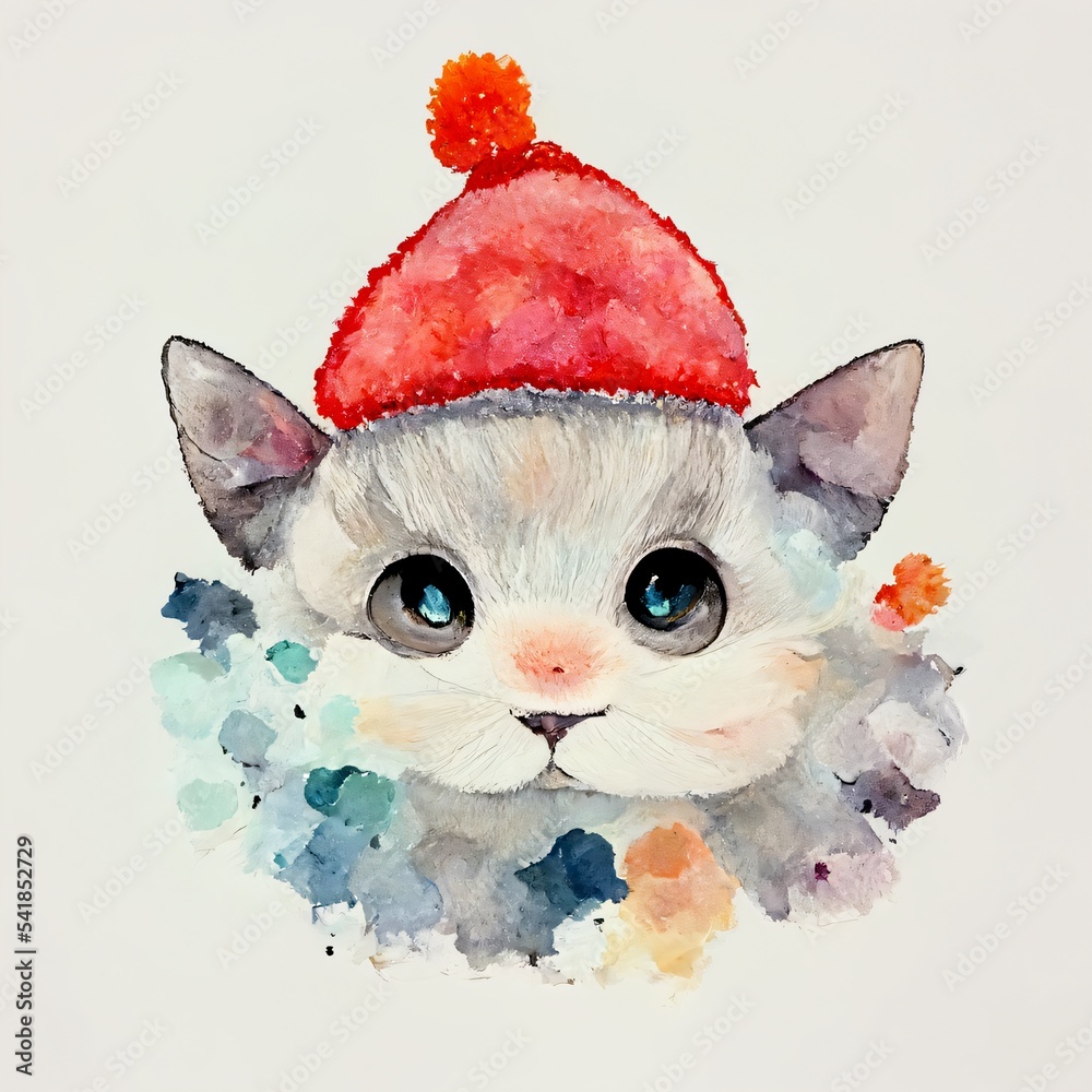 Cute watercolor cat illustration wearing christmas hat Stock ...