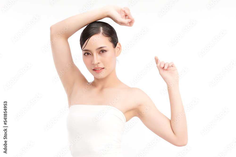 Beautiful Young Asian woman lifting hands up to show off clean and ...