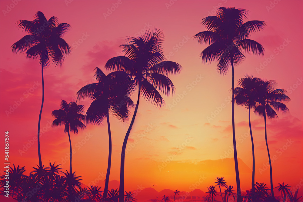 Silhouette coconut & palm trees against a gradient background. Stock ...
