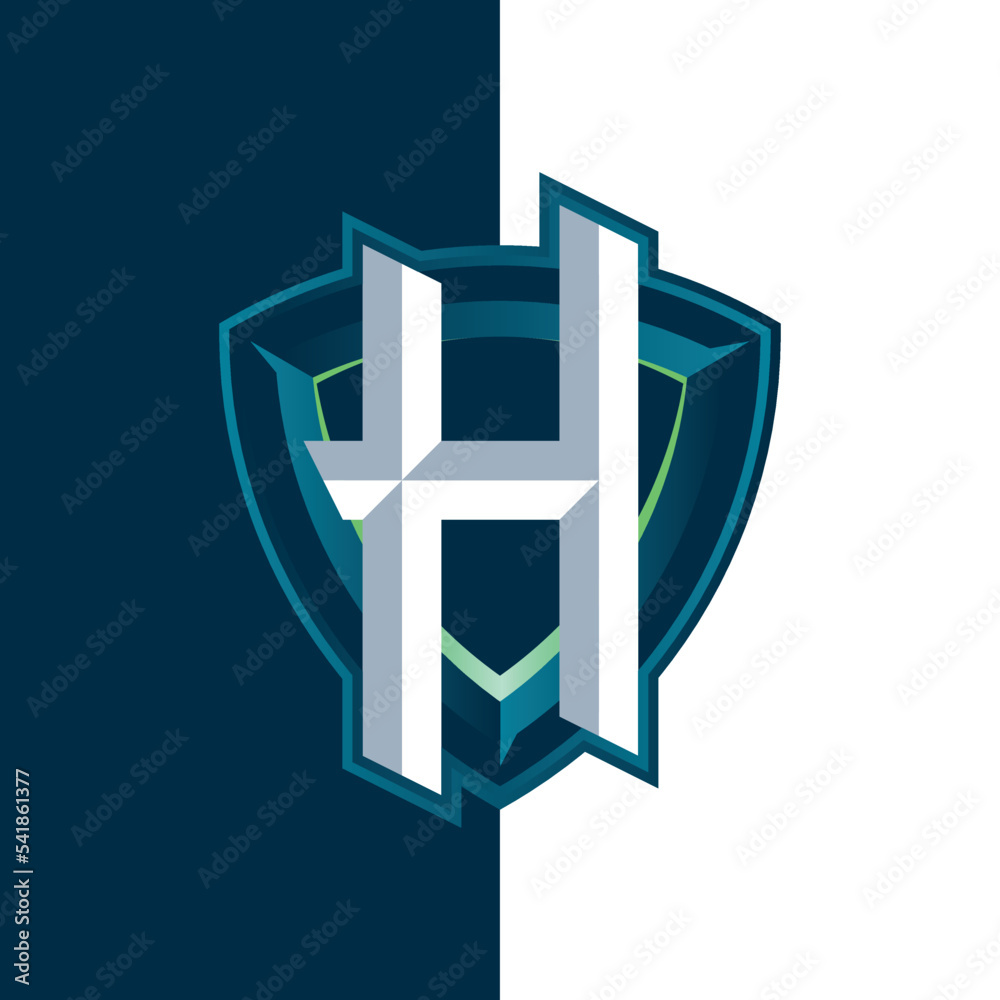 the esports alphabet logo is formed from the letter H and a shield as ...