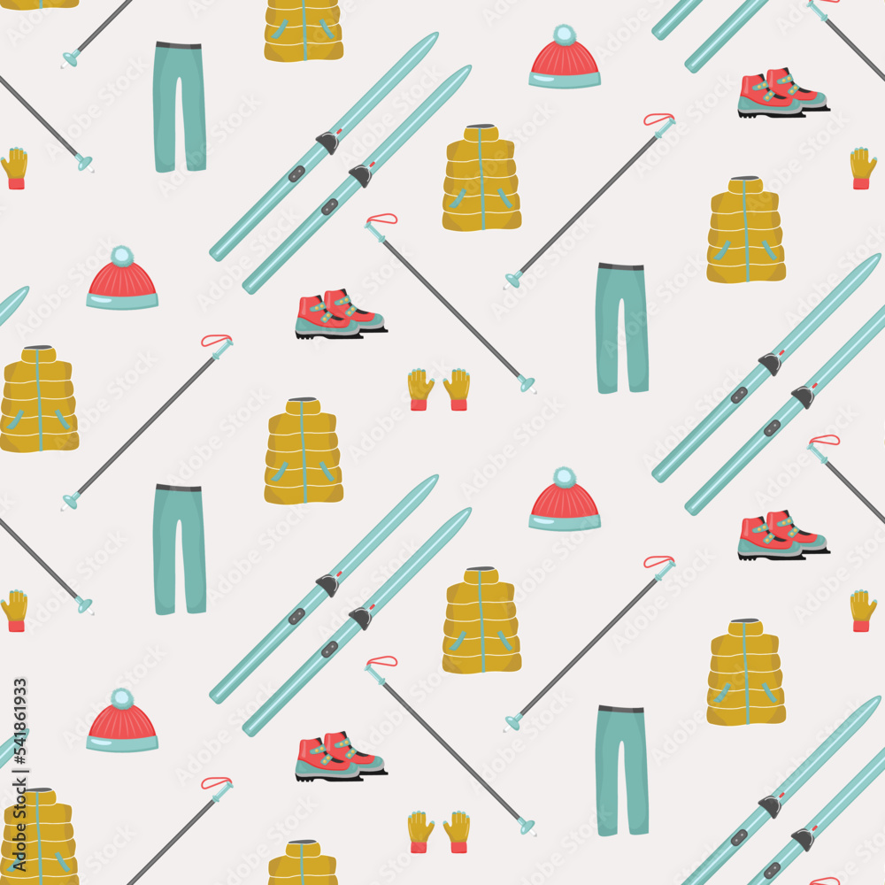 Seamless pattern with cross-country skis and winter sportswear Stock ...