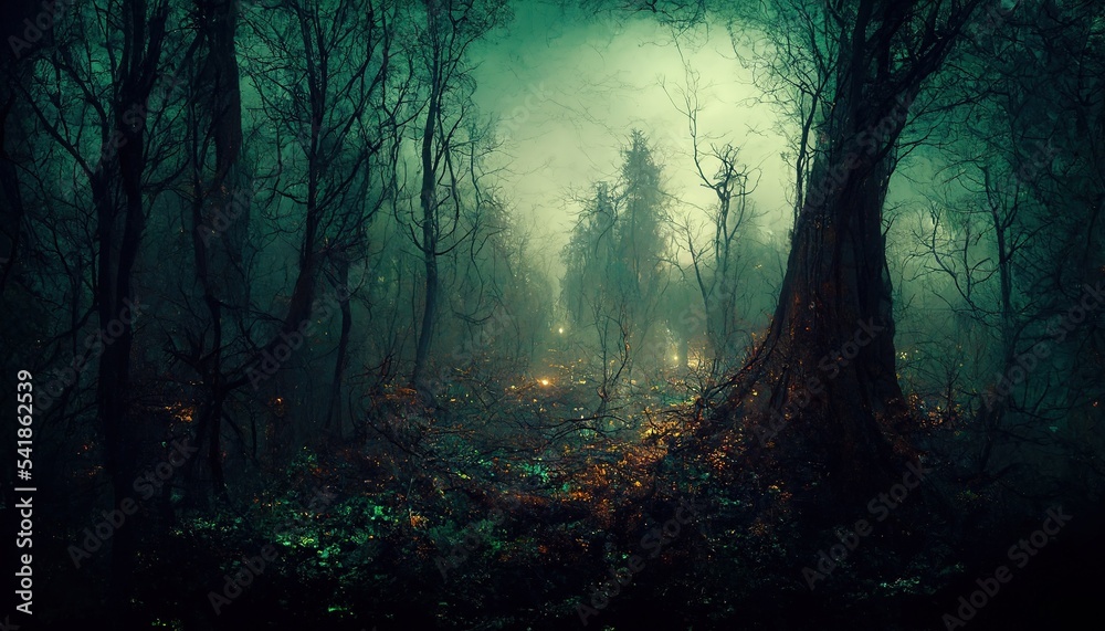 Dark scary forest cursed by witch spell spectacular 3D illustration for ...