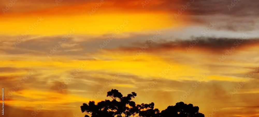 Beautiful sunset sky, the sun leaving bright golden shades background ...