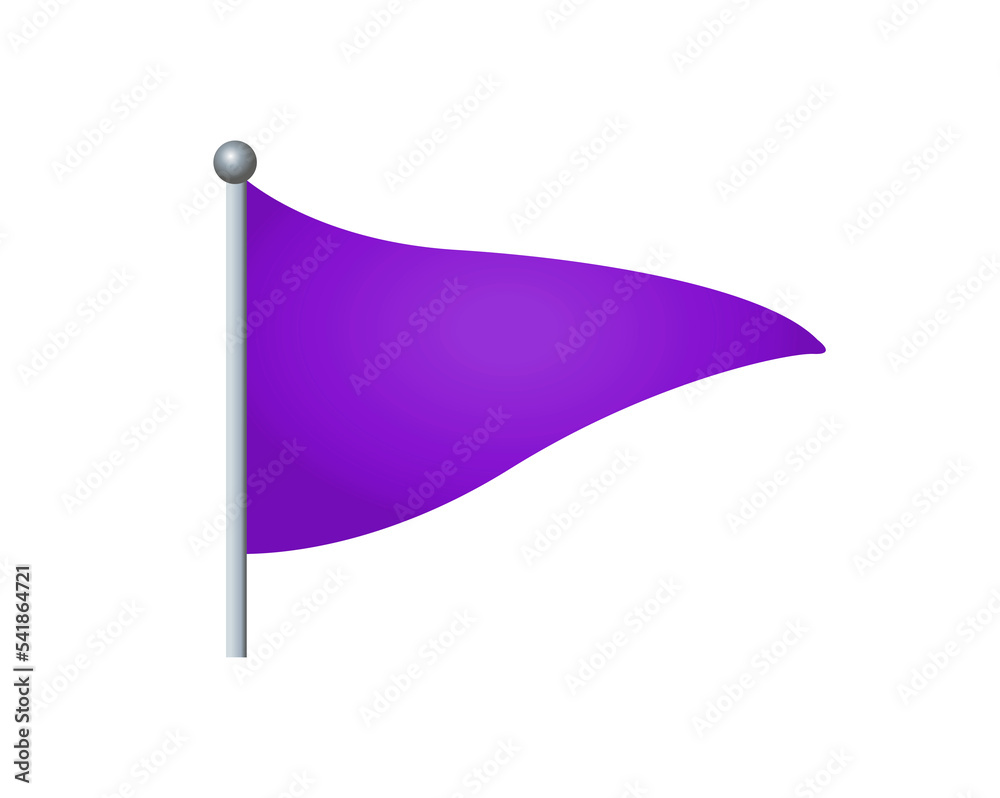 The isolated triangular gradient purple flag icon with silver pole on transparent background ...