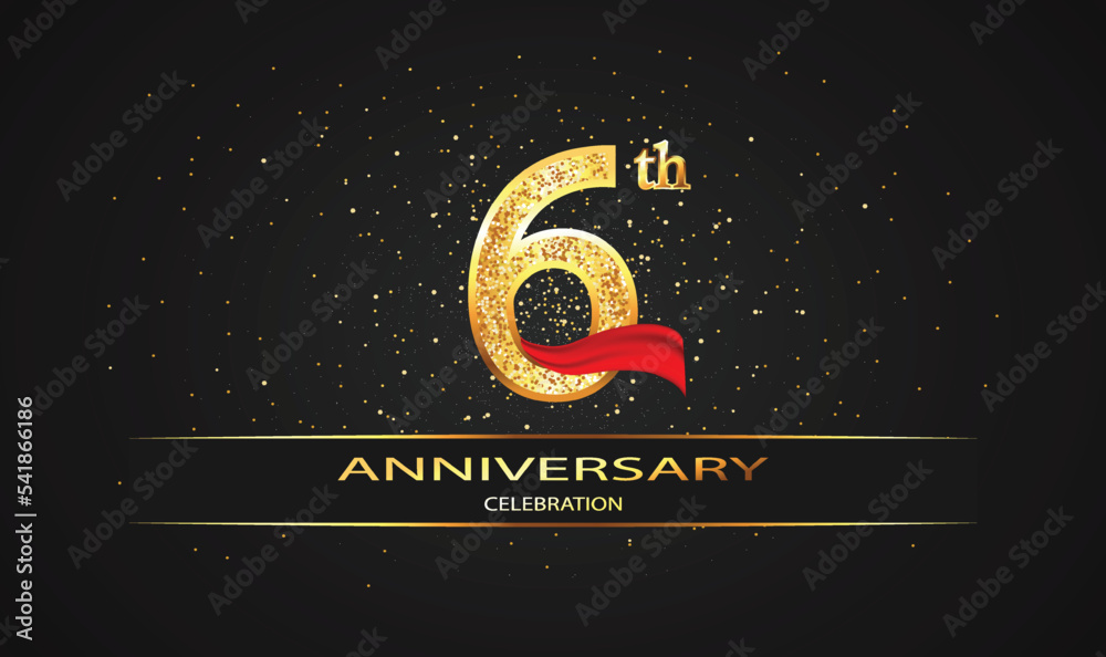 6 Year Anniversary celebration Vector Design with red ribbon and glitter. 6th Anniversary ...