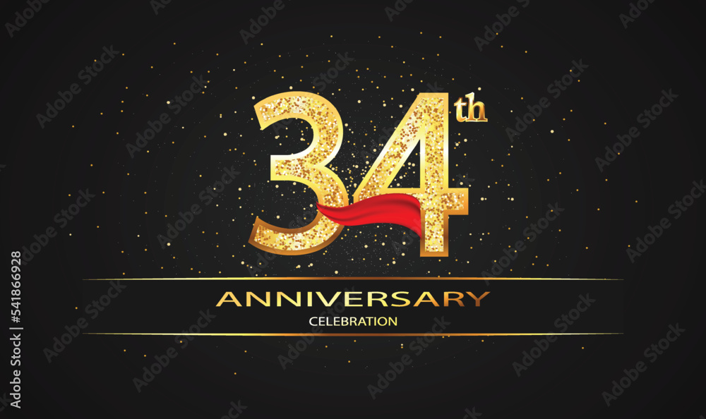34 Year Anniversary celebration Vector Design with red ribbon and ...