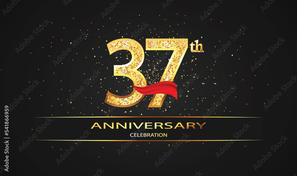 37 Year Anniversary celebration Vector Design with red ribbon and ...